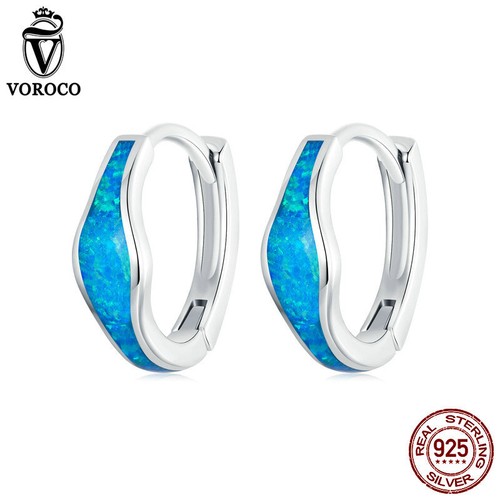 VOROCO 925 Sterling Silver Opal Hoop / Ear Buckles Earrings Jewelry ...