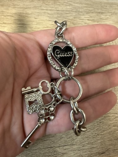 SILVER TONE GUESS CHAIN LINK ,WHITE HEART,LOCK & KEY CRYSTAL CHARM ...