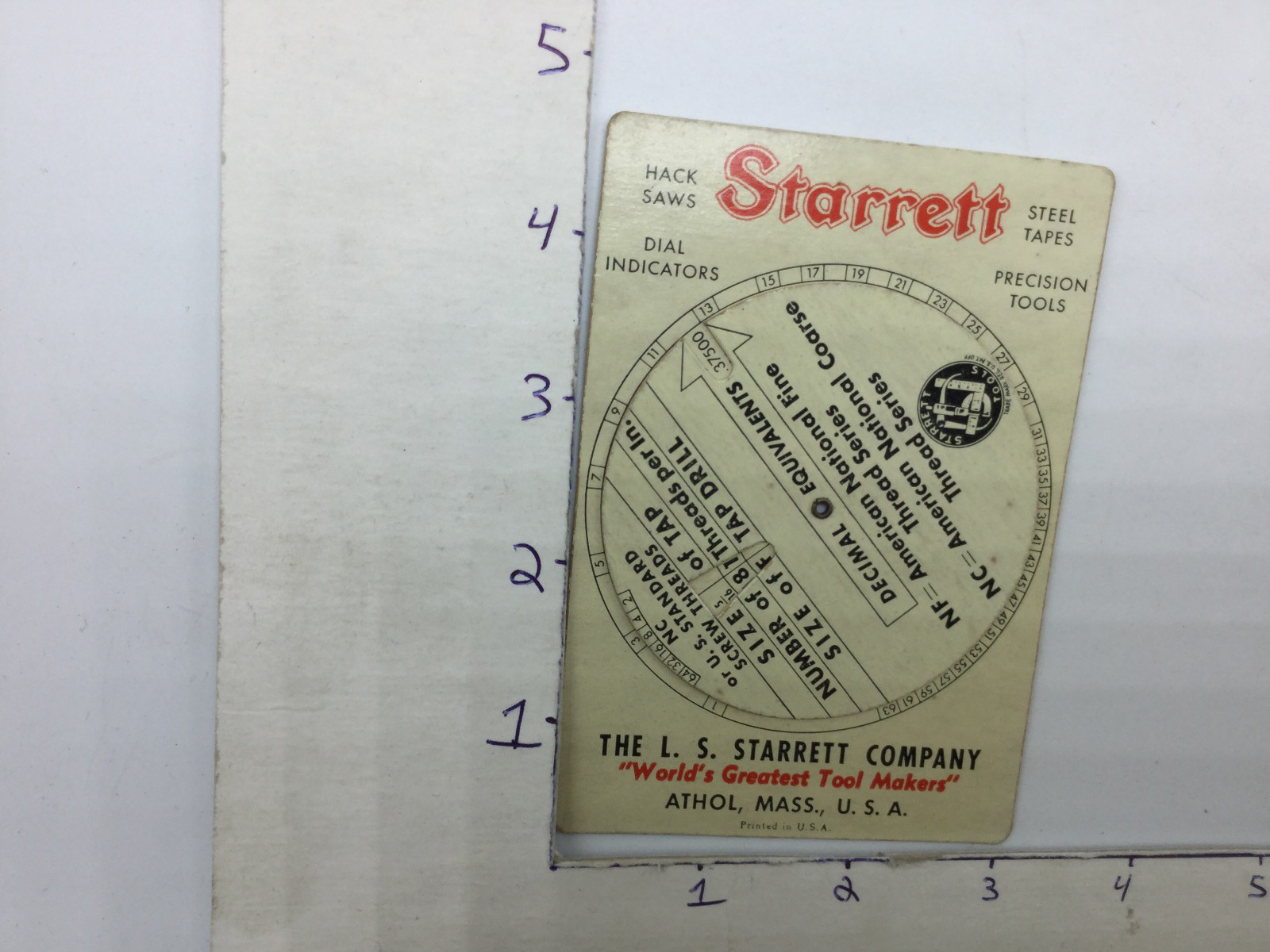 original VINTAGE -- STARRETT - l s starrett co ATHOL MASS spin card for ...