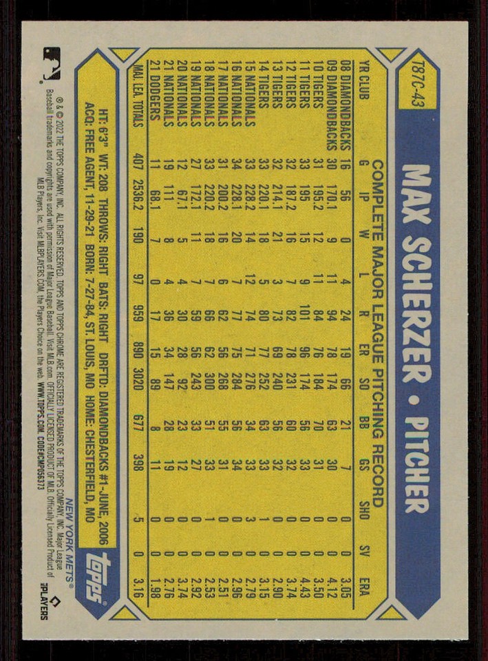 2022 Topps '87 Topps Silver Pack Chrome Update #T87C43 Max Scherzer | eBay