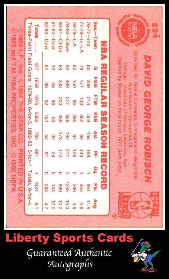 1983-84 Fleer Dave Robisch #224 Authentic Autographed Card Kanas City ...