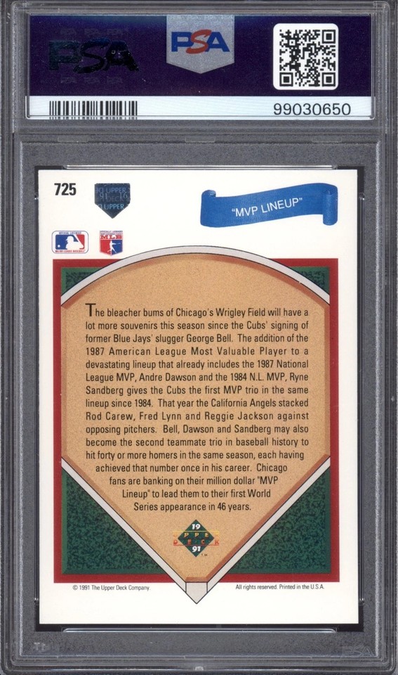 PSA 8 RYNE SANDBERG, ANDRE DAWSON 1991-92 Upper Deck MVP Line Up #725 ...