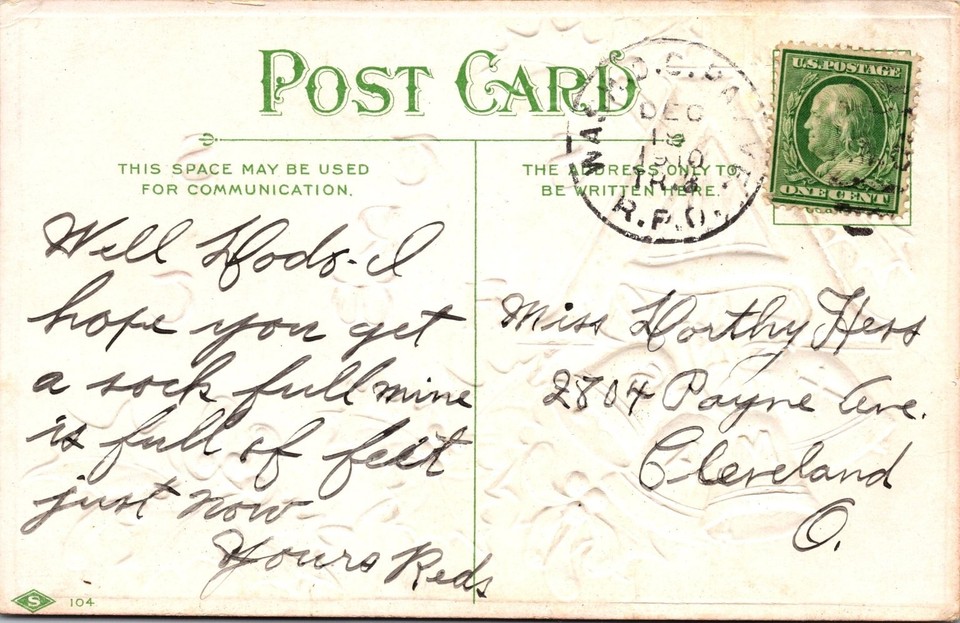 Vintage Embossed Christmas Postcard with Bells and Holly Decoration ...