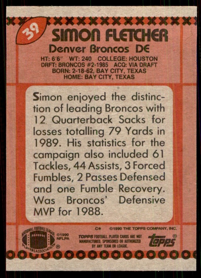 1990 Topps Simon Fletcher Football Cards #39 | eBay