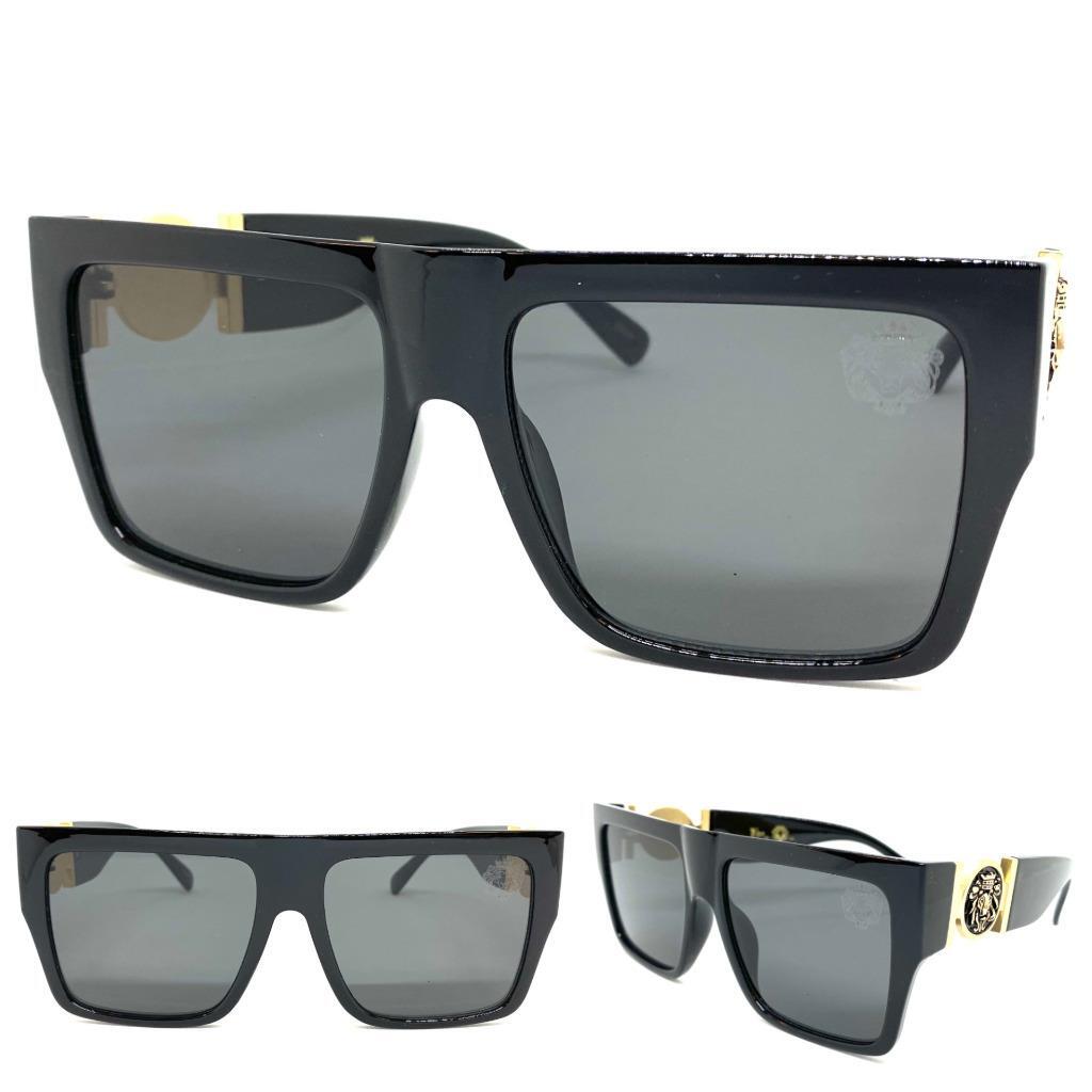 Oversize Retro Hip Hop Style SUNGLASSES Big Black Frame Gold Medallion ...