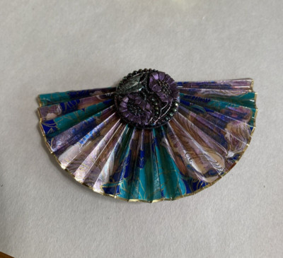 Vintage Signed JENNINGS Lacquered Fan Brooch Pin 3.75" Purple flowers ...