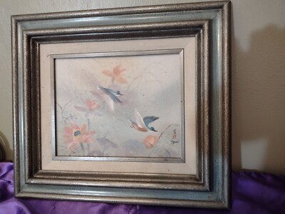 vintage Oil Painting on Canvas signed By Raymond birds/flowers framed ...