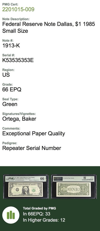 1985 $1 Federal Reserve Note PMG 66 EPQ Super Repeater Serial Number ...