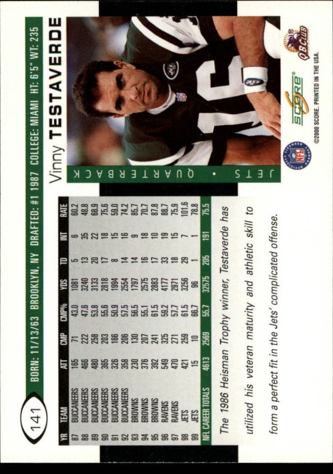 2000 Score Football Card #141 Vinny Testaverde | eBay