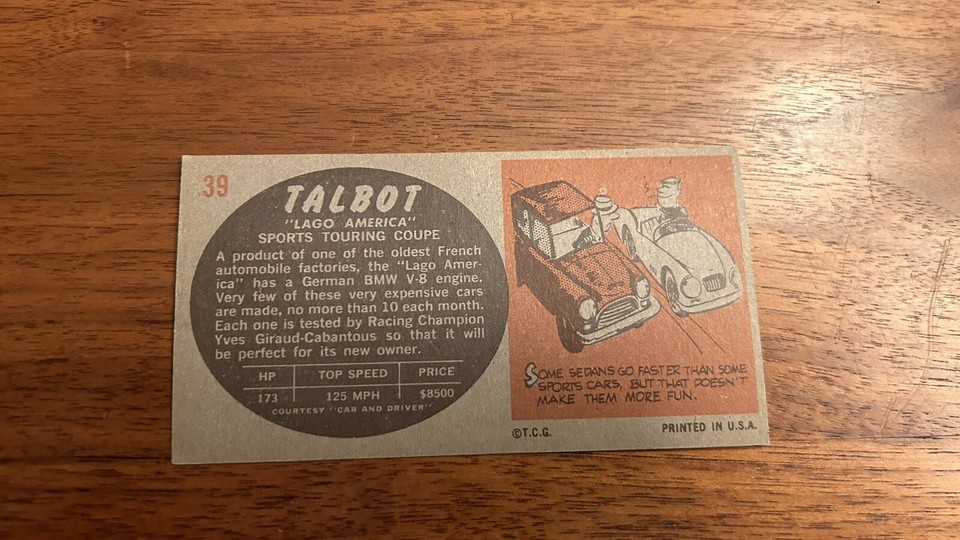 1961 Topps Sports Cars # 39 Talbot "Lago America" EX-NM | eBay
