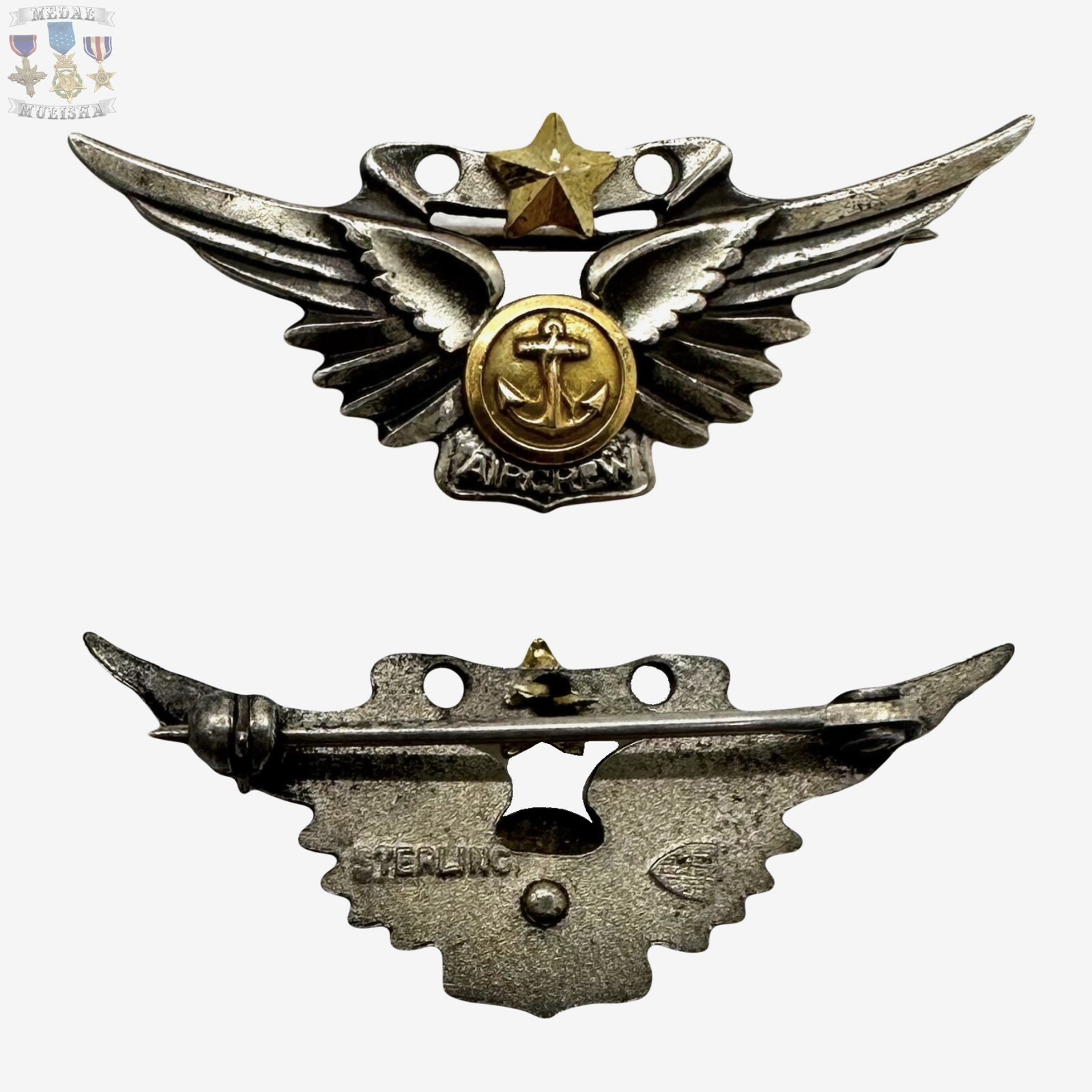 STERLING WWII NAVY AIR CREW WINGS BADGE GOLD STAR 1.5”x5/8” MEYER N.Y ...