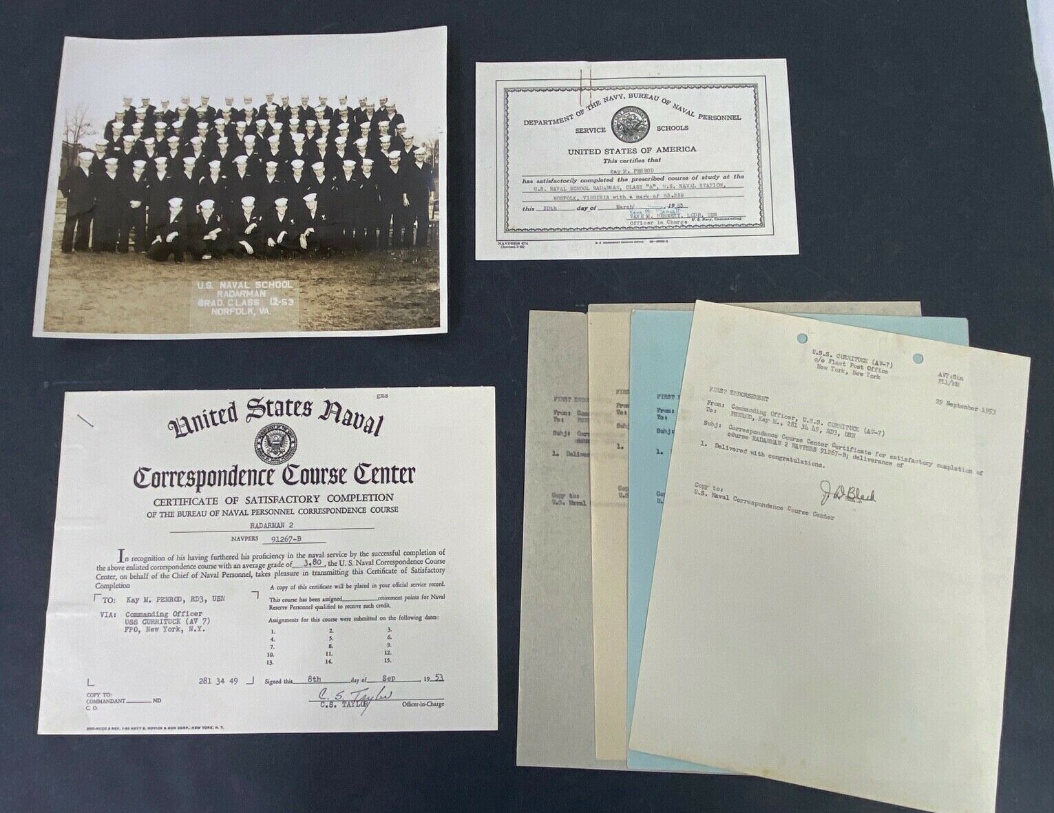 1953 US Navy Enlisted Sailors Radarman School Certificates & Class ...
