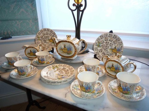 SADLER CRINOLINE LADY TEA SET INC BARREL TEAPOT, SUGAR, CREAMER VINTAGE ...