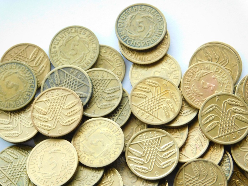 Lot GERMAN Coin 100x 5 REICHSPFENNIG 1924 - 1936 Brass WEIMAR REPUBLIC ...