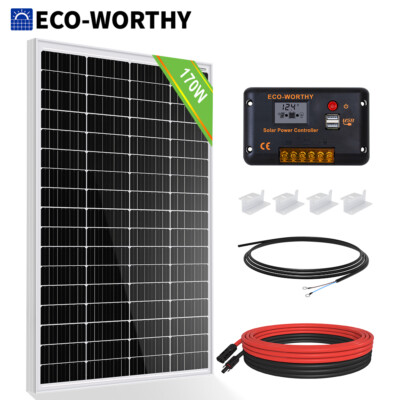 170W 12V Solar Panel Kit Mono System Battery Charger Controller Camping ...