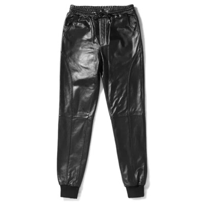 Mens Black Real Leather Joggers Pant Relax Fit pockets Drawstrings ...