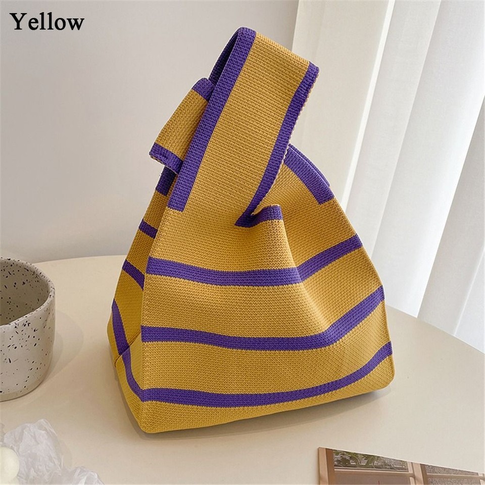 Reusable Student Knit Handbag Shopping Bags Knot Wrist Bag Plaid Tote ...