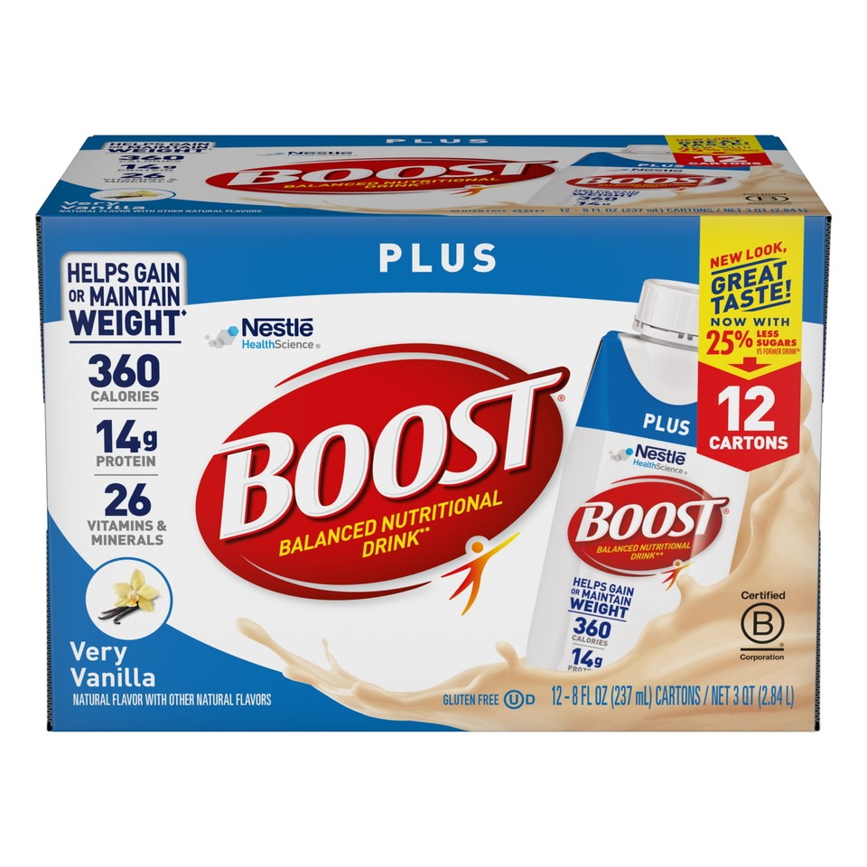 BOOST Plus Nutritional Drink Protein Shakes, Very Vanilla, 8 fl oz, 12 ...