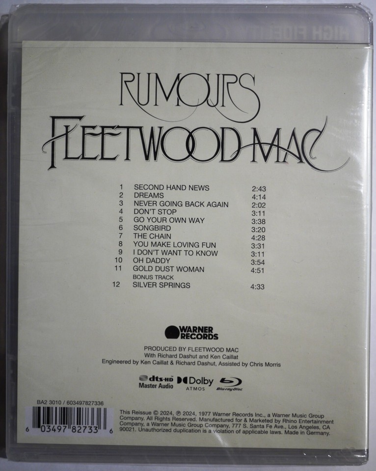 Fleetwood Mac. Rumours. Blu-ray Audio. Dolby Atmos, 5.1 Surround ...