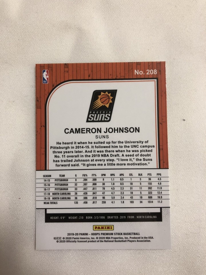 Cameron Johnson RC 2019-20 NBA Hoops Premium Stock Chrome Rookie Card ...