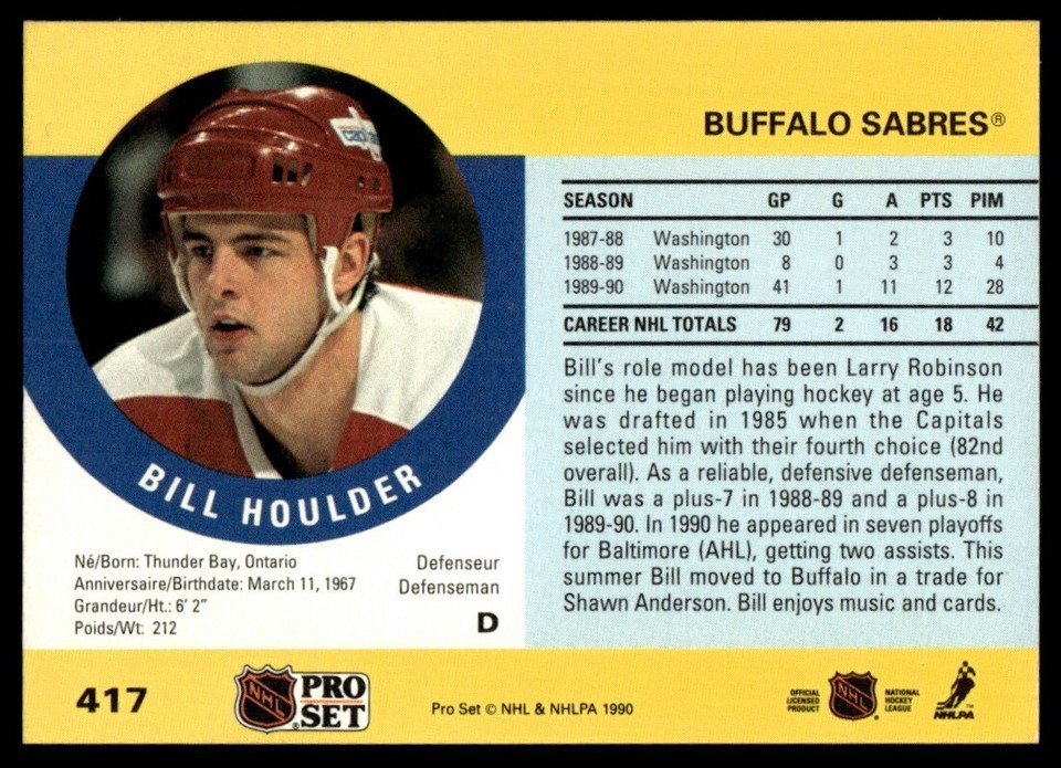 1990-91 Pro Set #417 Bill Houlder Rookie Buffalo Sabres | eBay