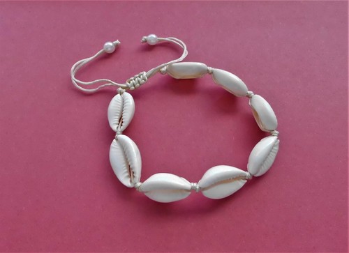 COWRIE NATURAL SHELL CREAM Corded DRAWSTRING BRACELET Adjustable Fits ...