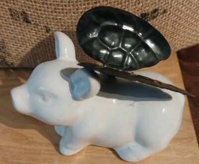 Farmhouse Ceramic Flying Pig Figurine “When Pigs Fly” 3” L x 3” H. Tin ...