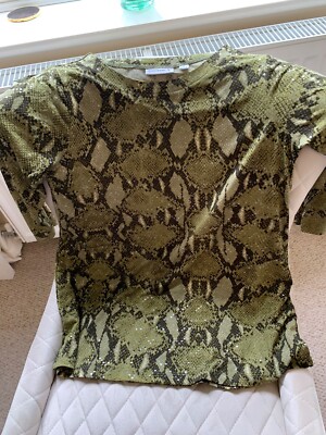 Susan Graver Khaki Snake Print Sequin Split Sleeve Top Size S | eBay UK