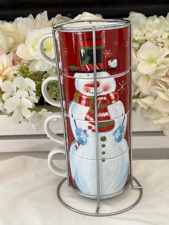 Pier 1 One Stacking Stackable Mugs Cups Set Of 4 Christmas Snowman ...