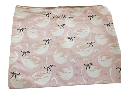 Too Faced Logo Large Canvas Pink White Swans Makeup Cosmetic Zipper Bag ...