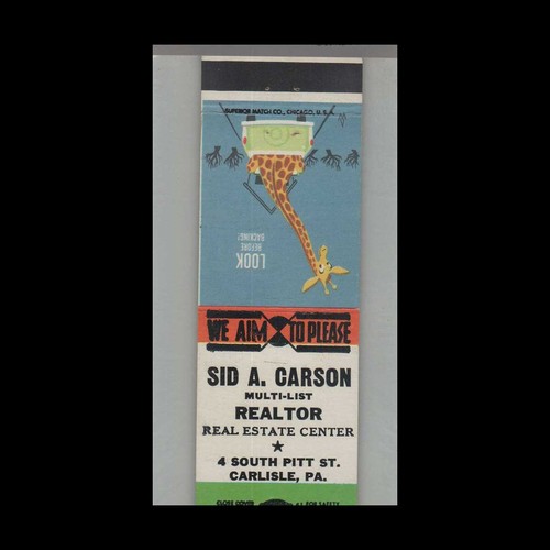 Matchbook Cover - Giraffe Sid. A. Carson Realtor Carlisle, PA | eBay