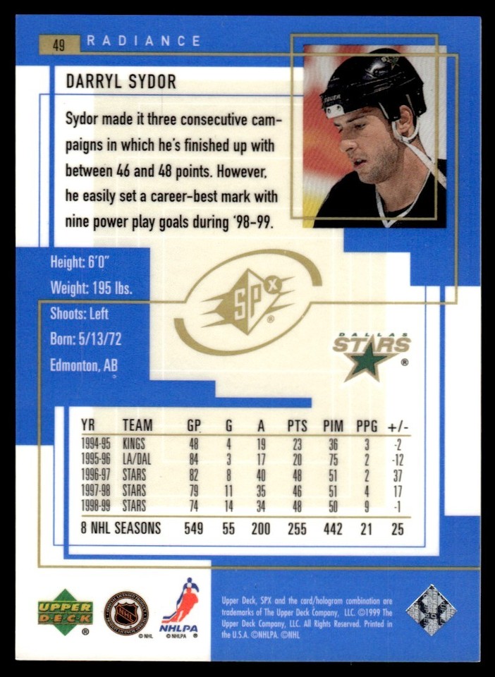 1999-00 SPx Radiance Blue Parallel Darryl Sydor /100 Dallas Stars #49 ...