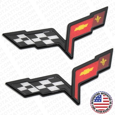 2x For 05-13 C6 Corvette Front Hood Rear Crossed Flags Badge Emblem ...