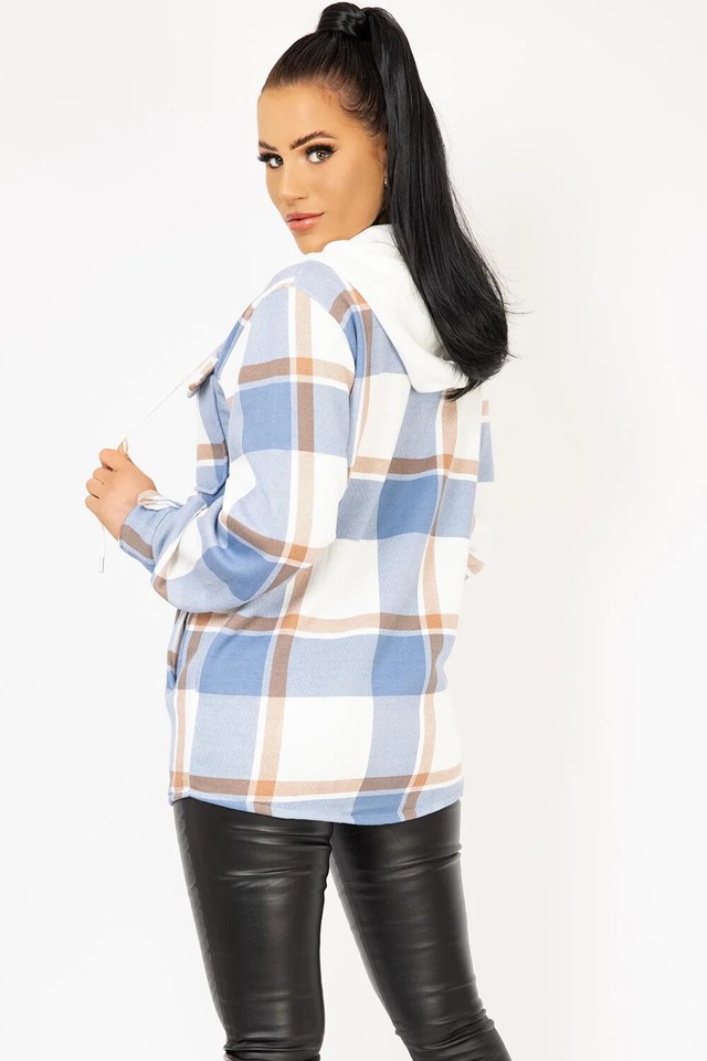 Ladies Check Oversized Hooded Fleece Jacket Shacket Casual Winter Size ...