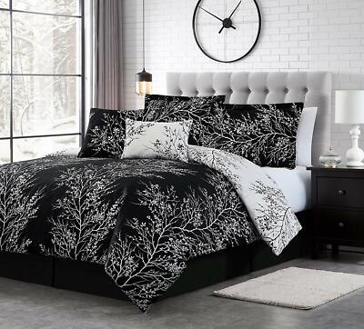 Black White Nature Trees Branches Leaves 6 pc Comforter Set Queen King ...
