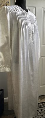 White Floral Brushed Cotton Gown Large Pajamas Long Sleeve Satin Granny ...