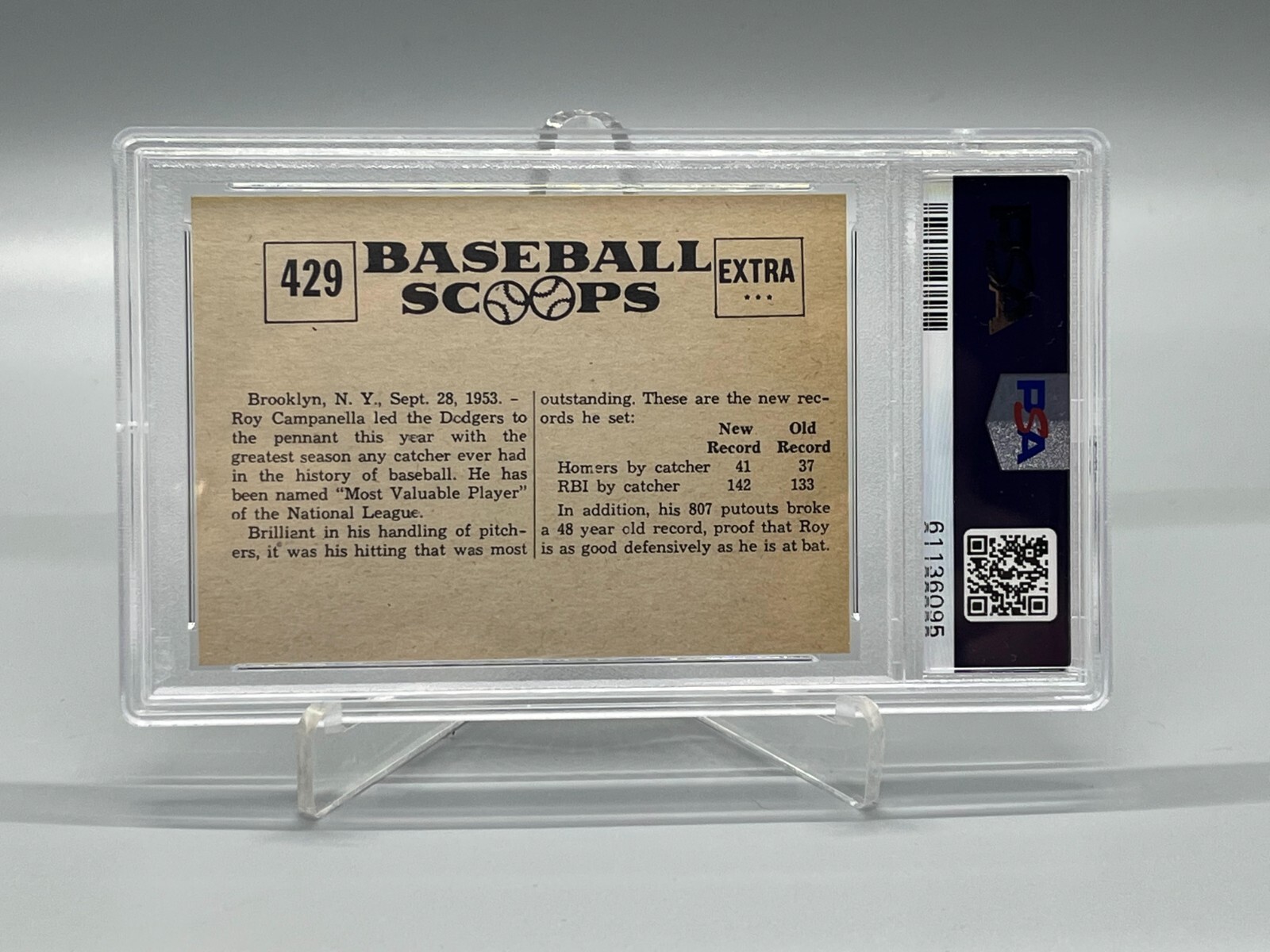 1961 NU-CARD BASEBALL SCOOPS #429 CAMPY Most Valuable Player PSA 6 EX ...