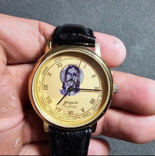 Jesus Platinum Quartz Gold Tone Fashion Watch Working Bkack Strap roman ...