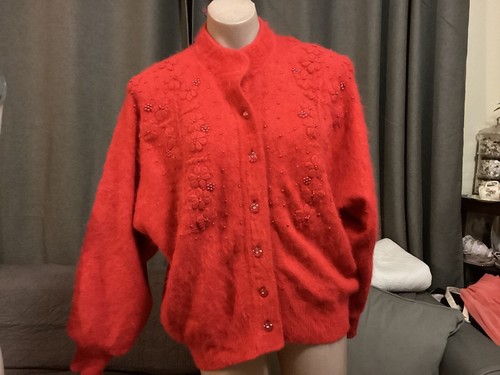 Genuine Vintage Red Beaded Cardigan Button Front Angora Wool Blend 12 ...