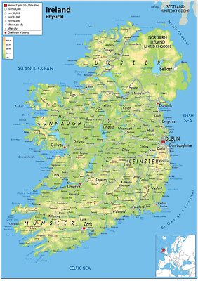 Ireland Physical Map - 16.5 x 23.3 inches - Paper Laminated | eBay