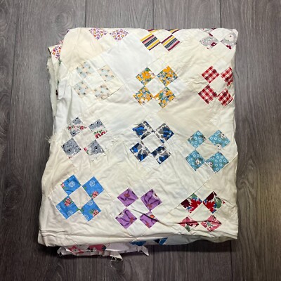 Vintage Antique 72x94" Postage Stamp 9-Patch Quilt Top Hand/machine ...