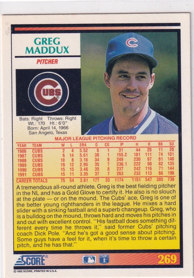 1992 Score #269 Greg Maddux Excellent | eBay