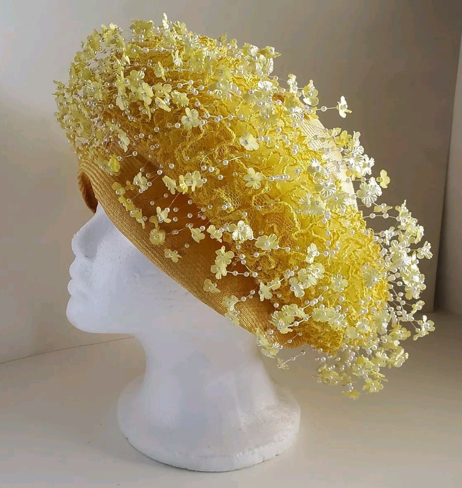 Vintage Jack McConnell NY Fascinator Hat Yellow Daisy Pearls Red ...