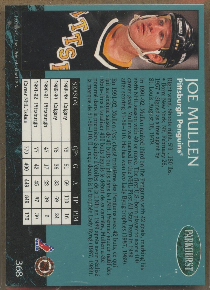 1992-93 Parkhurst #368 Joe Mullen Pittburgh Penguins Hall-of-Fame | eBay