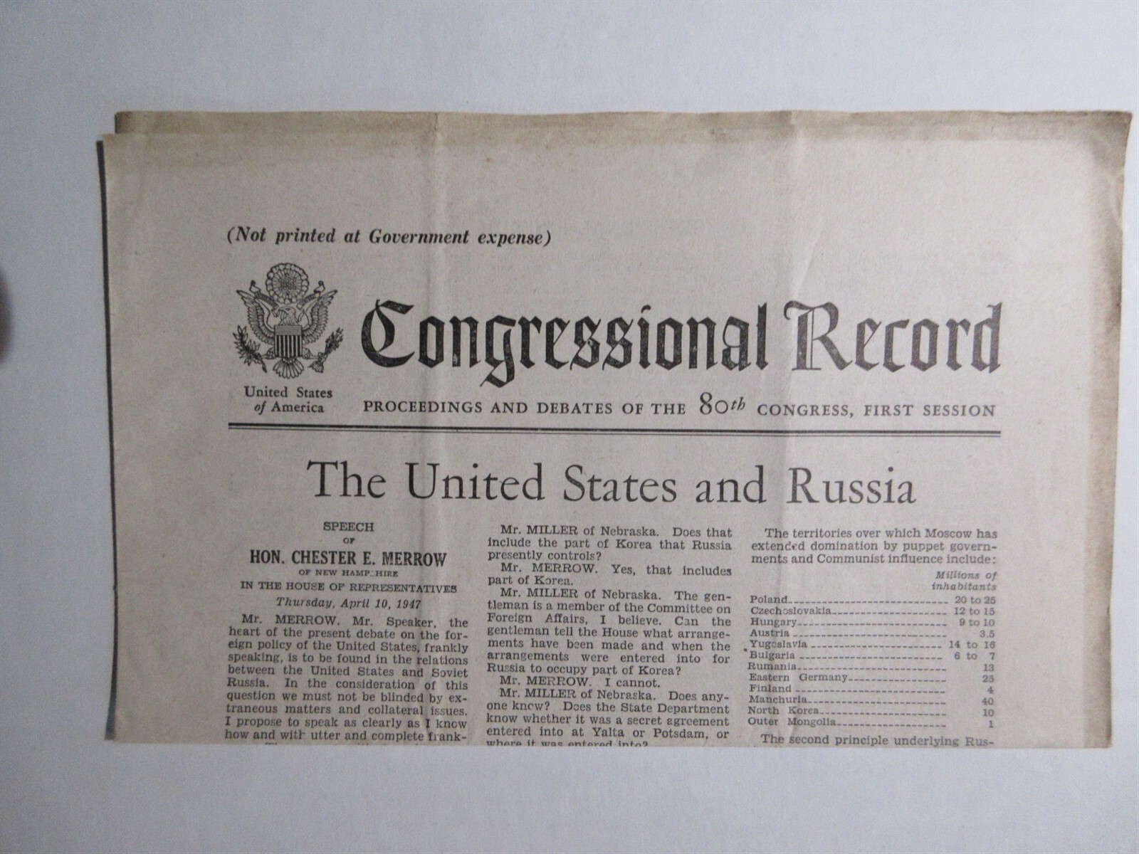 United States CONGRESSIONAL RECORD 80th Congress April 10, 1947 US and ...