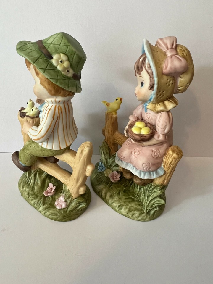 Vintage Lefton China Pair Little Girl & Boy on Fence Ducks Chicks ...