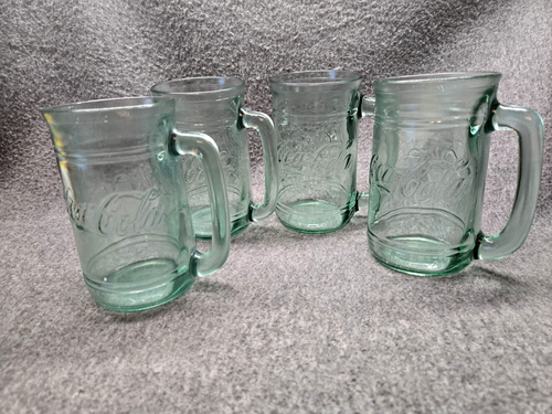 Set Of 4 VTG Coca Cola Mug Green Tinted Embossed Heavy Glass With ...