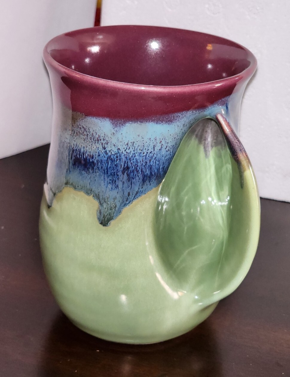 Neher Pottery Hand Warmer Mug 2017 Drip Glaze Green Blue Purple | eBay