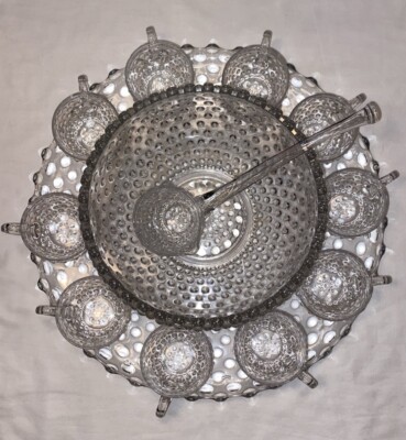 VTG Duncan Miller Clear Bubble Glass Hobnail Punch Bowl, Platter, Ladle ...
