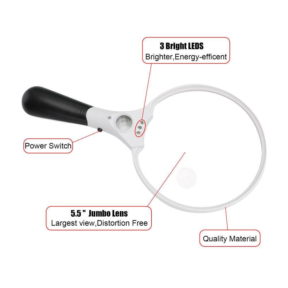 Lightweight Zoom Strong Magnifier 3 Bright LED Large Loupe Magnifying ...